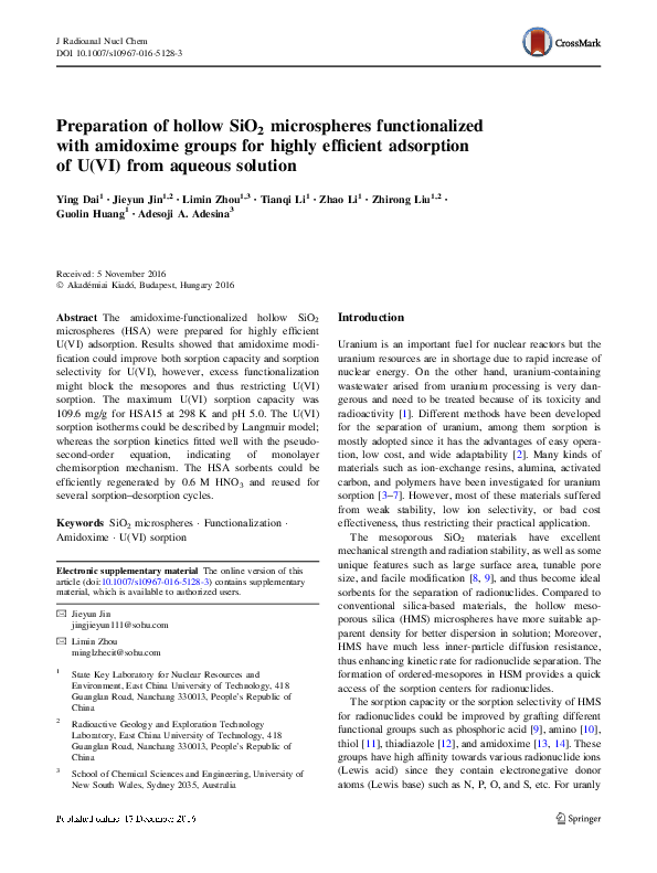(PDF) Preparation of hollow SiO2 microspheres functionalized with ...
