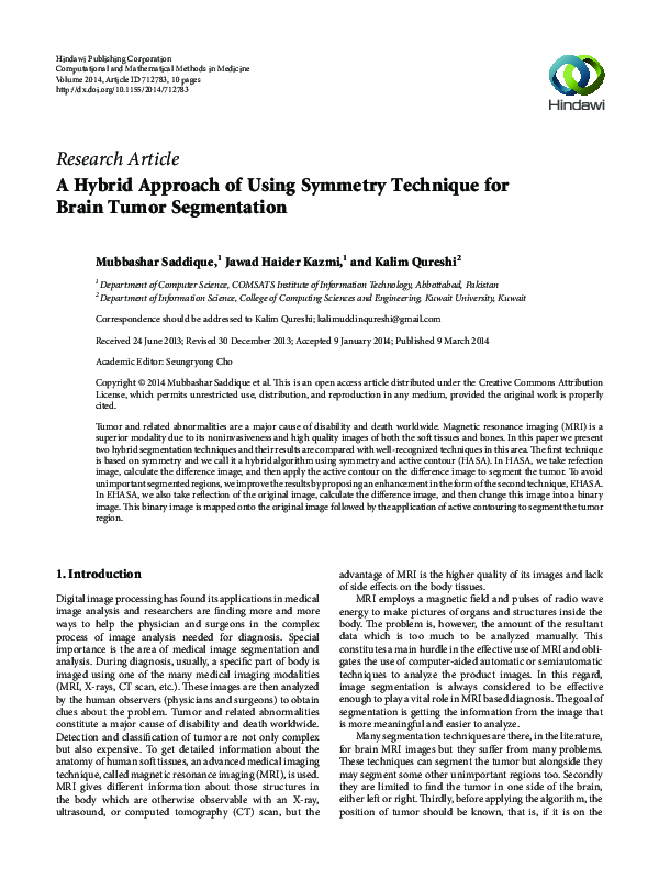 Pdf A Hybrid Approach Of Using Symmetry Technique For Brain Tumor