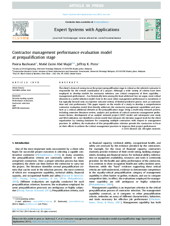 (PDF) Contractor management performance evaluation model at prequalification stage