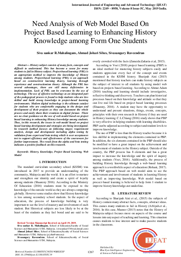 (PDF) Need Analysis of Web Model Based On Project Based Learning to Enhancing History Knowledge ...