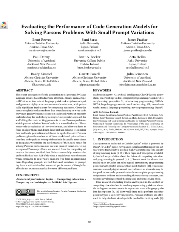 (PDF) Evaluating the Performance of Code Generation Models for Solving Parsons Problems With ...