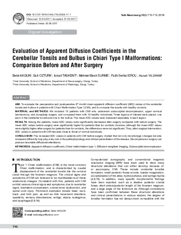 (PDF) Evaluation of apparent diffusion coefficients in the cerebellar tonsils and bulbus in ...