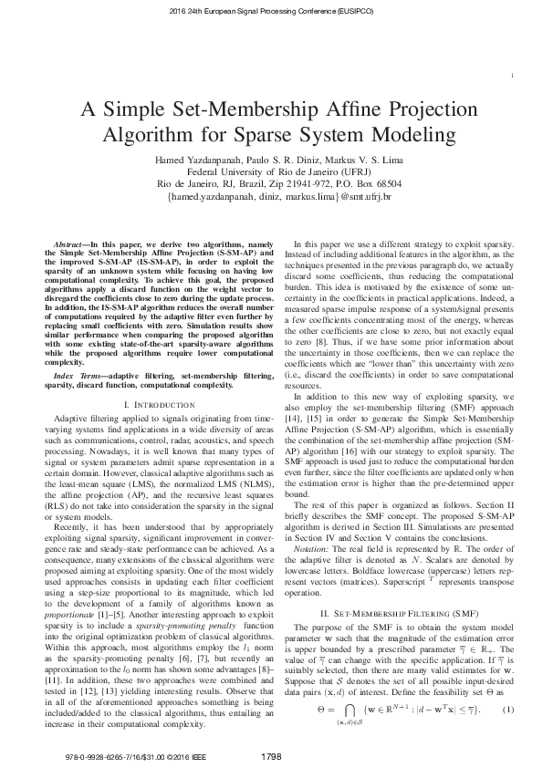 (PDF) A simple set-membership affine projection algorithm for sparse system modeling