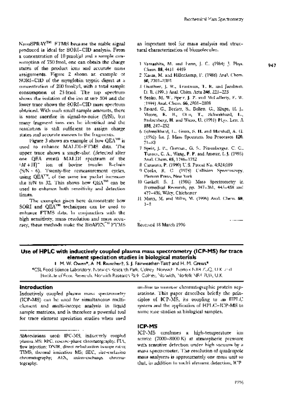 (PDF) Use of HPLC with inductively coupled plasma mass spectrometry (ICP-MS) for trace element ...