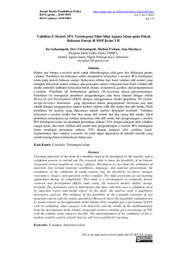 (PDF) Validitas E-Module IPA Terintegrasi Nilai-Nilai Agama Islam pada Pokok Bahasan Energi di ...
