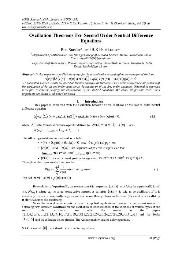 (PDF) Oscillation Theorems For Second Order Neutral Difference Equations