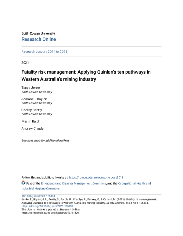 (PDF) Fatality risk management: Applying Quinlan’s Ten Pathways in ...