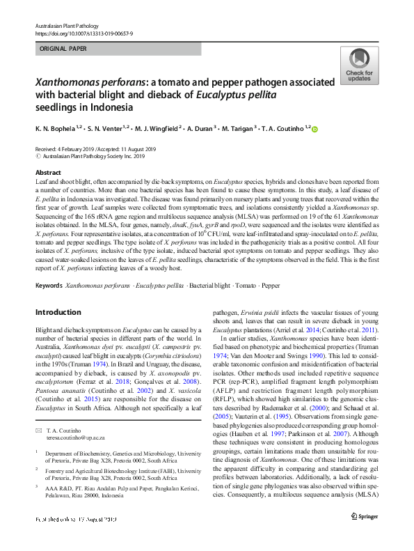 (PDF) Xanthomonas perforans: a tomato and pepper pathogen associated ...