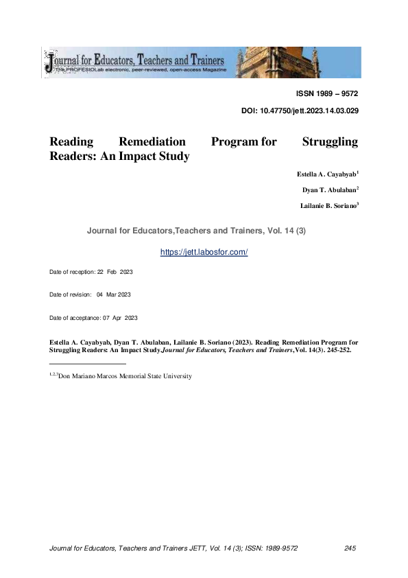(PDF) Reading Remediation Program for Struggling Readers: An Impact Study