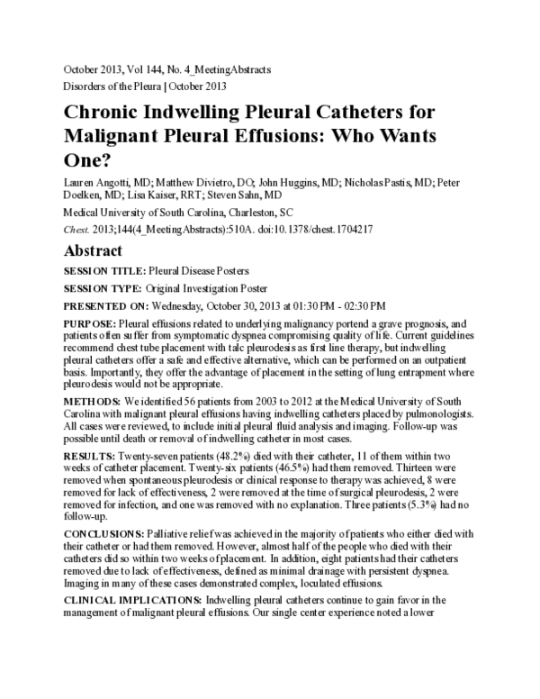(PDF) Chronic Indwelling Pleural Catheters for Malignant Pleural ...