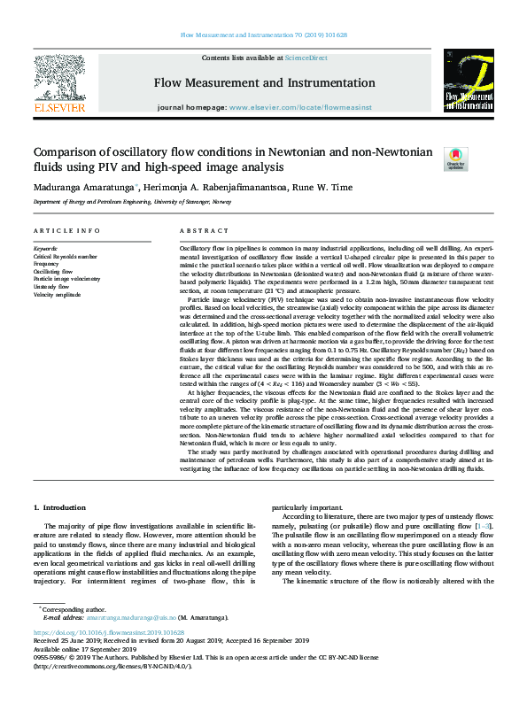 (PDF) Comparison of oscillatory flow conditions in Newtonian and non-Newtonian fluids using PIV ...