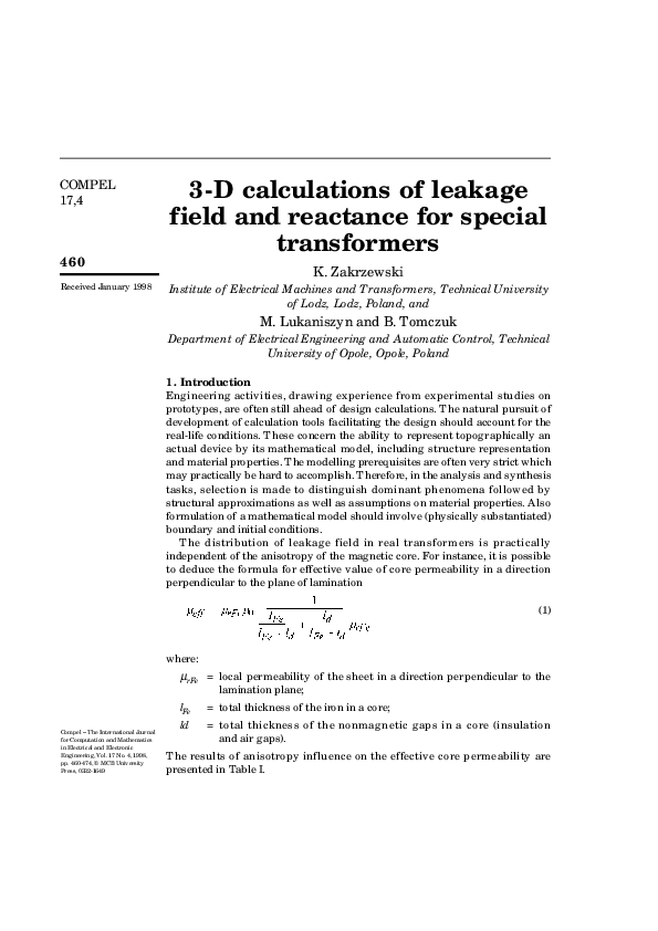 (PDF) 3‐D calculations of leakage field and reactance for special transformers
