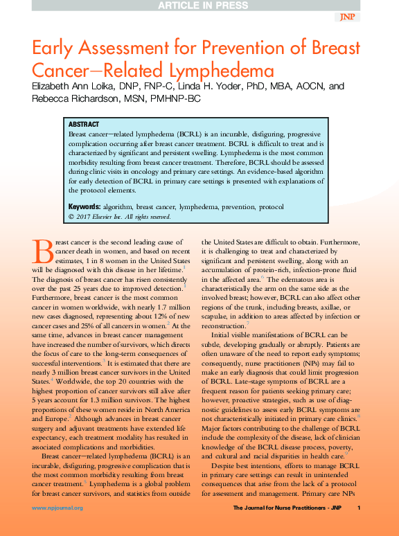 (PDF) Early Assessment for Prevention of Breast Cancer–Related Lymphedema