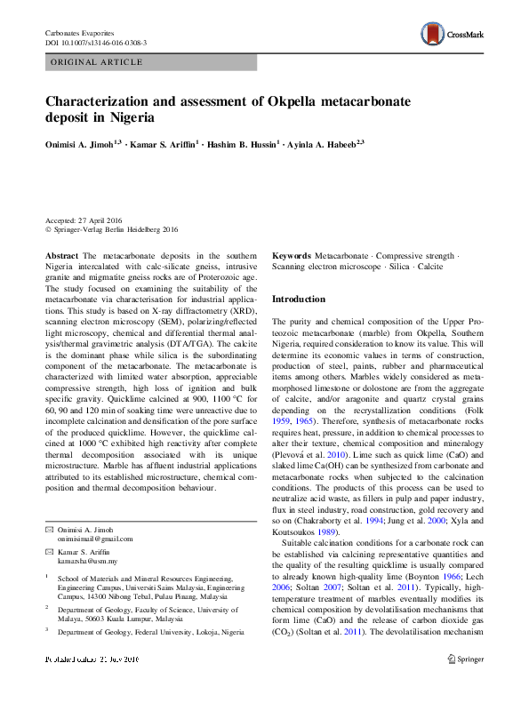 (PDF) Characterization and assessment of Okpella metacarbonate deposit ...