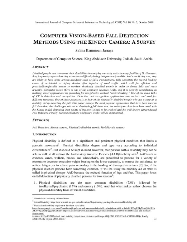 (PDF) Computer Vision Based Fall Detection Methods Using the Kinect Camera : A Survey