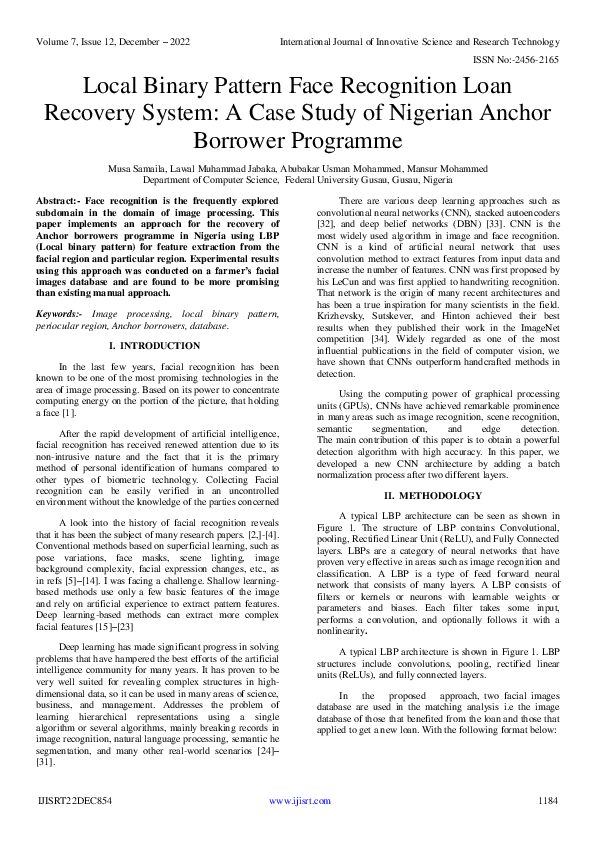 (PDF) Local Binary Pattern Face Recognition Loan Recovery System: A Case Study of Nigerian ...