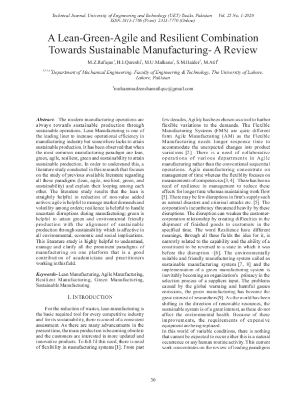 Pdf A Lean Green Agile And Resilient Combination Towards Sustainable Manufacturing A Review