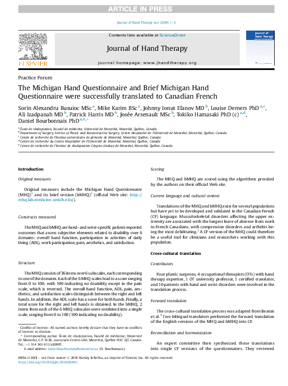 (PDF) The Michigan Hand Questionnaire and Brief Michigan Hand ...