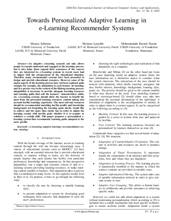 (PDF) Towards Personalized Adaptive Learning in e-Learning Recommender ...