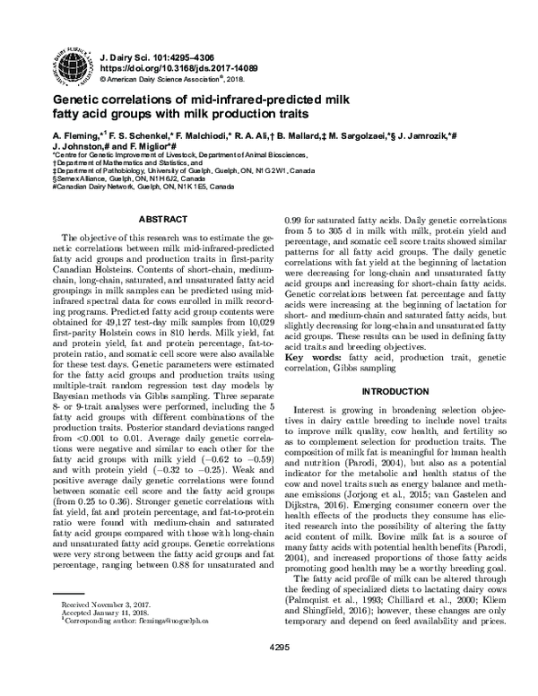 (PDF) Genetic correlations of mid-infrared-predicted milk fatty acid groups with milk production ...