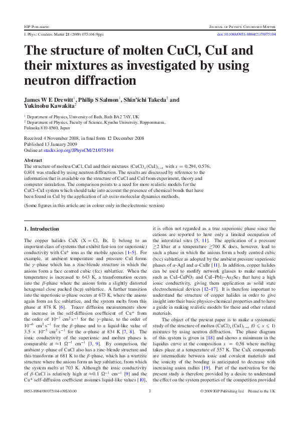 (PDF) The structure of CuCl, CuI and their mixtures as investigated by ...
