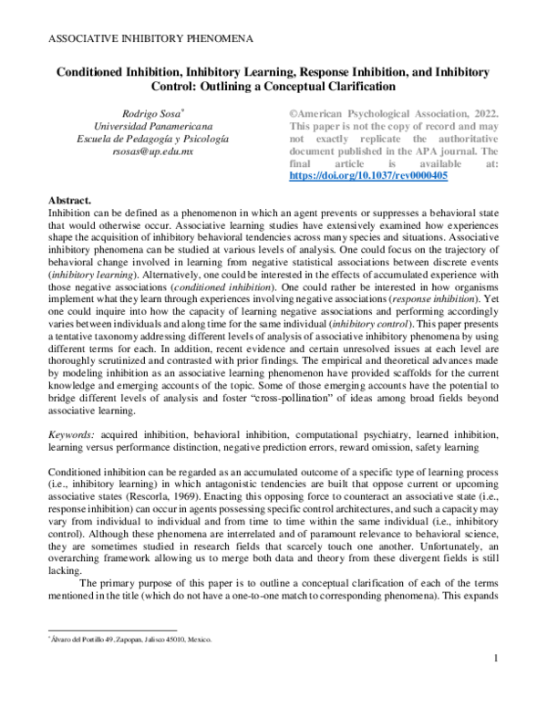(PDF) Conditioned inhibition, inhibitory learning, response inhibition, and inhibitory control ...