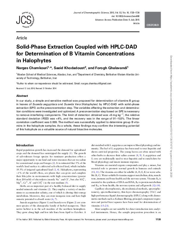 (PDF) Solid-Phase Extraction Coupled with HPLC-DAD for Determination of B Vitamin Concentrations ...