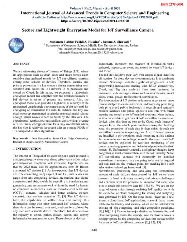 (PDF) Secure and Lightweight Encryption Model for IoT Surveillance Camera (PDF) Secure and Lightweight Encryption Model for IoT Surveillance Camera