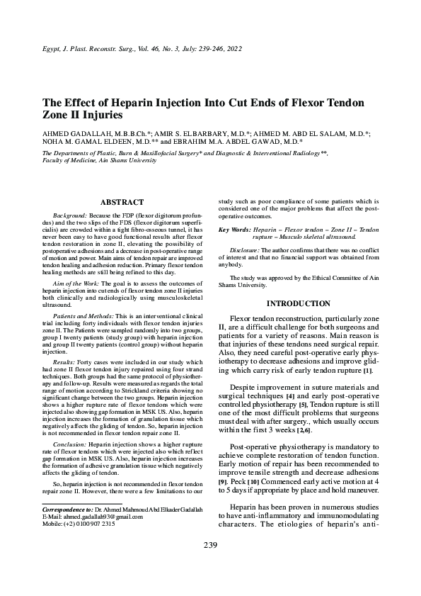(PDF) The Effect of Heparin Injection Into Cut Ends of Flexor Tendon ...