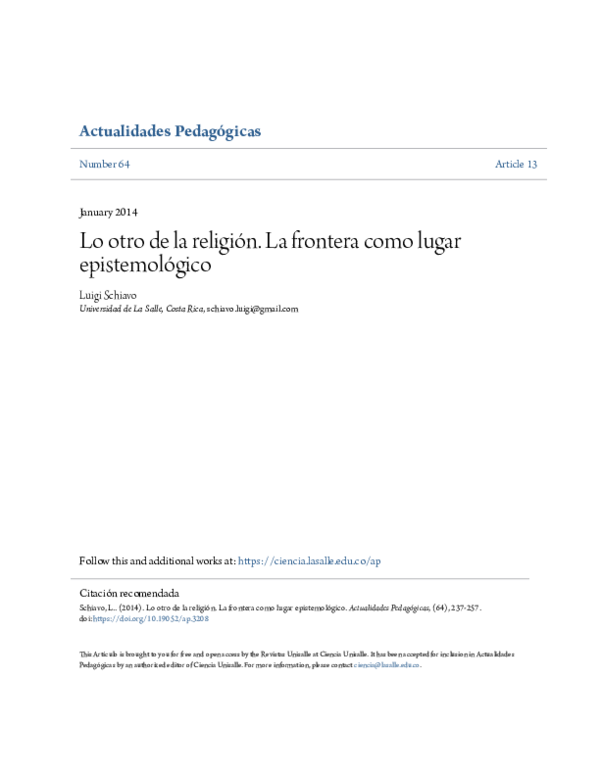 (PDF) Lo otro de la religión. La frontera como lugar epistemológico