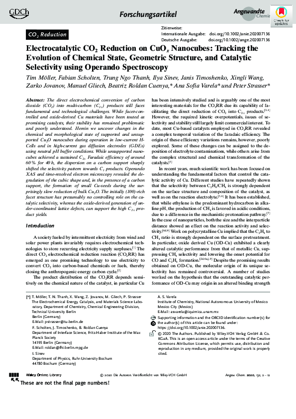 (PDF) Electrocatalytic CO2 Reduction on CuOx Nanocubes: Tracking the Evolution of Chemical State ...