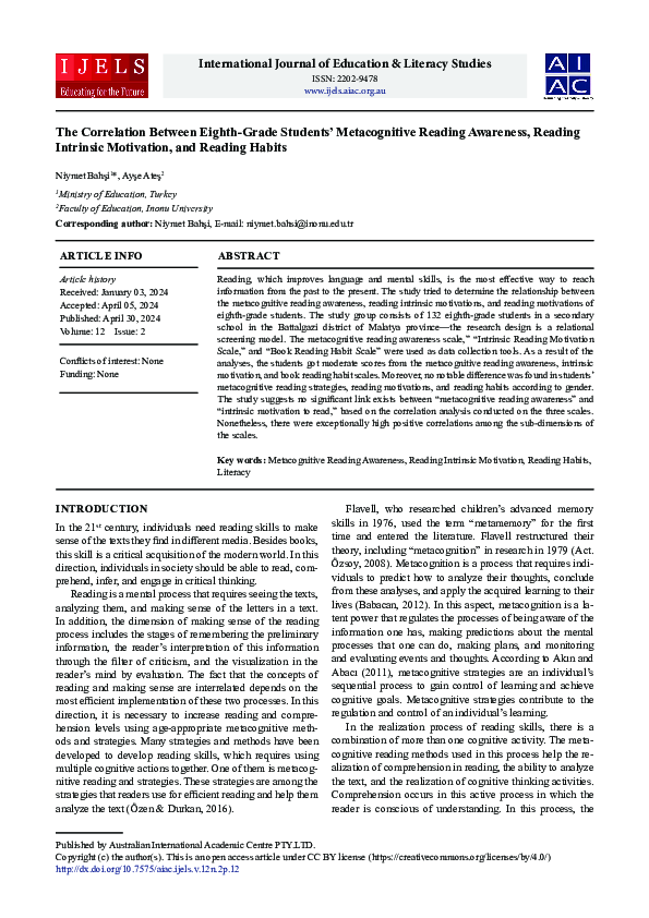 (PDF) The Correlation Between Eighth-Grade Students' Metacognitive Reading Awareness, Reading ...