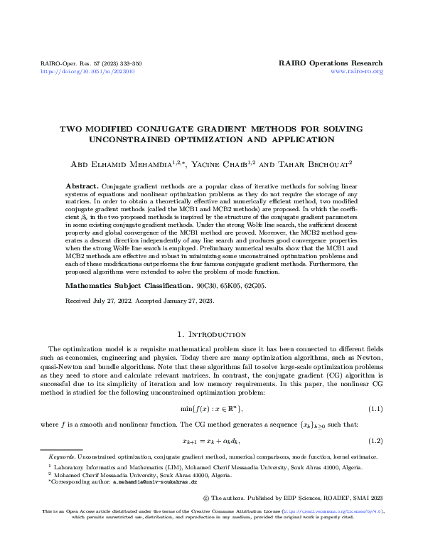 Pdf Two Modified Conjugate Gradient Methods For Solving Unconstrained Optimization And Application
