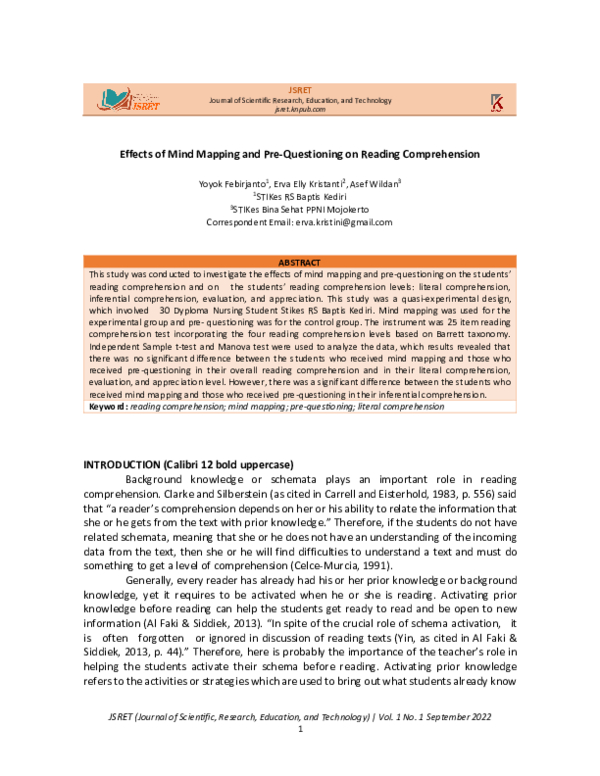 (PDF) Effects of Mind Mapping and Pre-Questioning on Reading Comprehension
