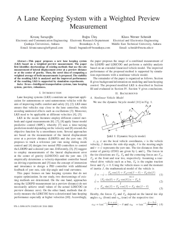 (PDF) A Lane Keeping System with a Weighted Preview Measurement