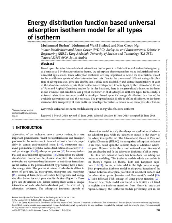 (PDF) Energy distribution function based universal adsorption isotherm model for all types of ...