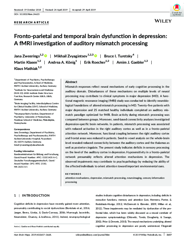 (PDF) Fronto‐parietal and temporal brain dysfunction in depression: A fMRI investigation of ...