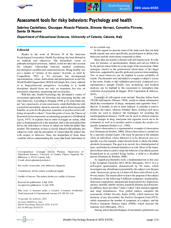 (PDF) Assessment tools for risky behaviors: Psychology and health