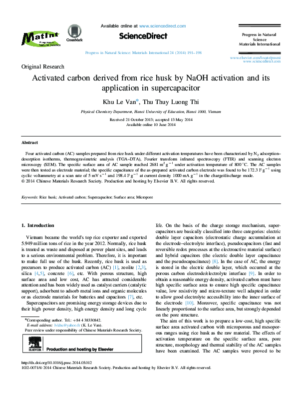 (PDF) Activated carbon derived from rice husk by NaOH activation and its application in ...