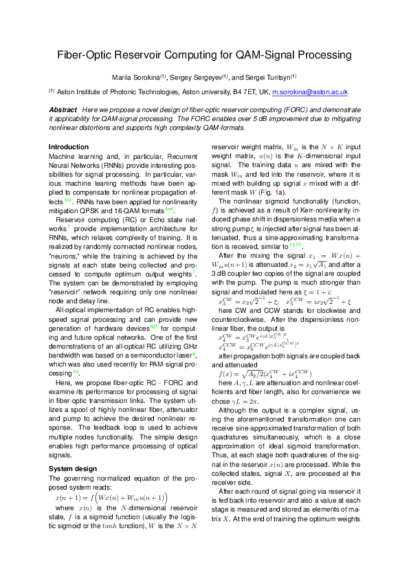 (PDF) Fiber-Optic Reservoir Computing for QAM-Signal Processing
