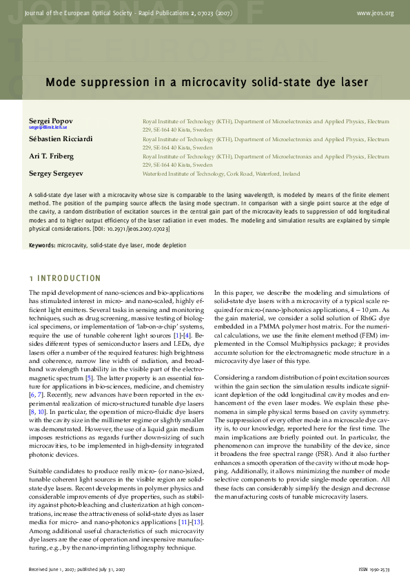 (PDF) Mode suppression in a microcavity solid-state dye laser