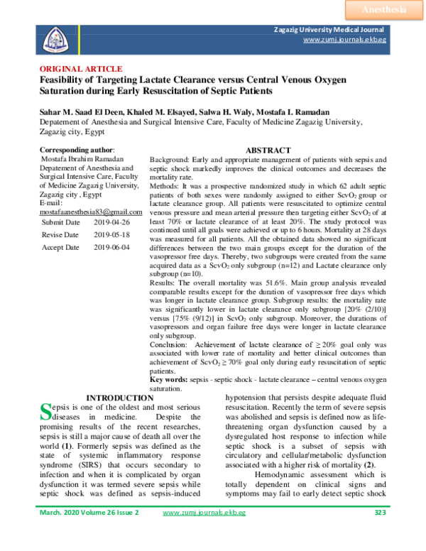 (PDF) Feasibility of Targeting Lactate Clearance versus Central Venous ...
