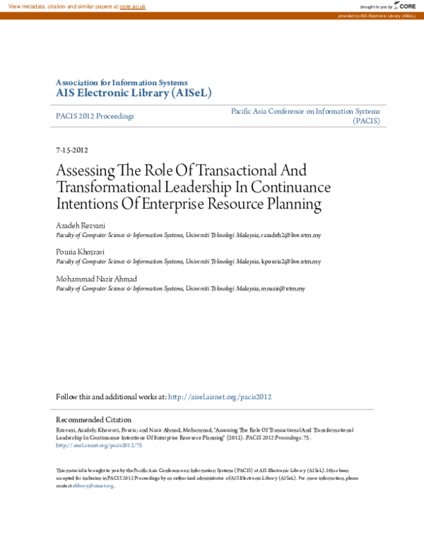 (PDF) Assessing The Role Of Transactional And Transformational Leadership In Continuance ...