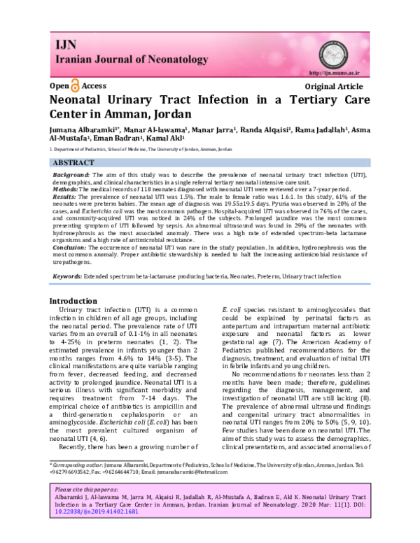 (PDF) Neonatal Urinary Tract Infection in a Tertiary Care Center in ...