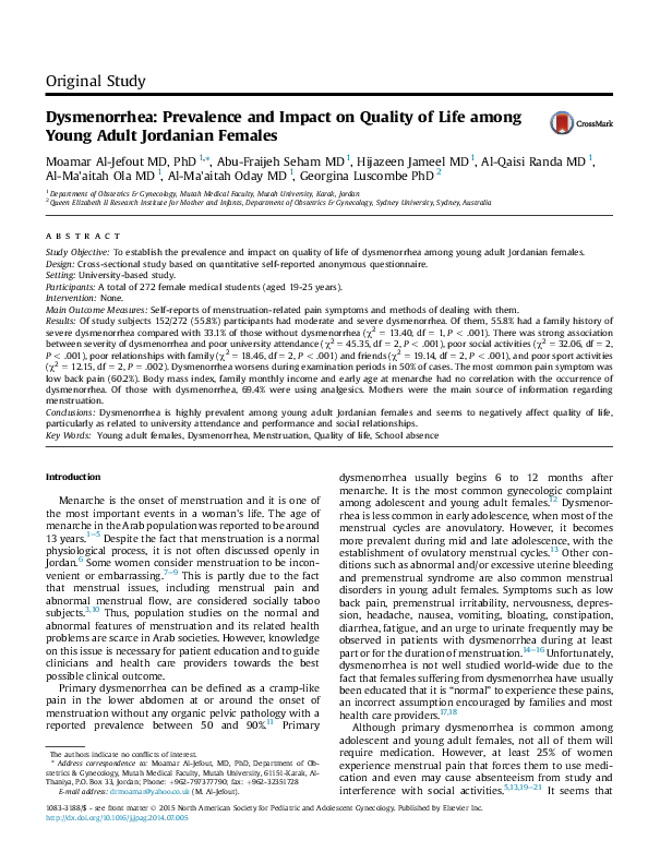 (PDF) Dysmenorrhea: Prevalence and Impact on Quality of Life among ...