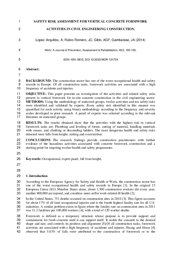 (PDF) Safety risk assessment for vertical concrete formwork activities in civil engineering ...