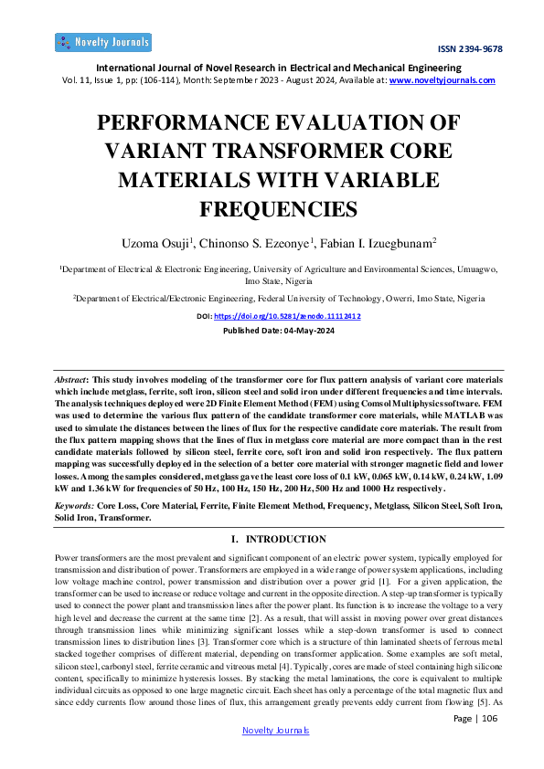 (PDF) PERFORMANCE EVALUATION OF VARIANT TRANSFORMER CORE MATERIALS WITH VARIABLE FREQUENCIES