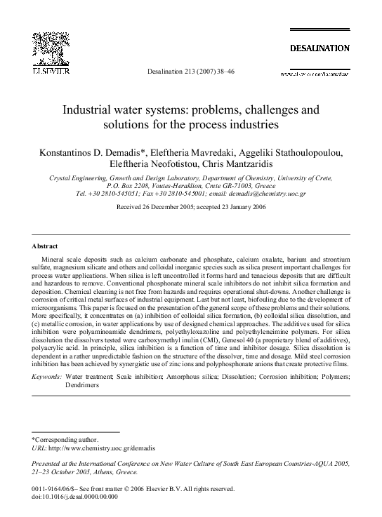 (PDF) Industrial water systems: problems, challenges and solutions for ...