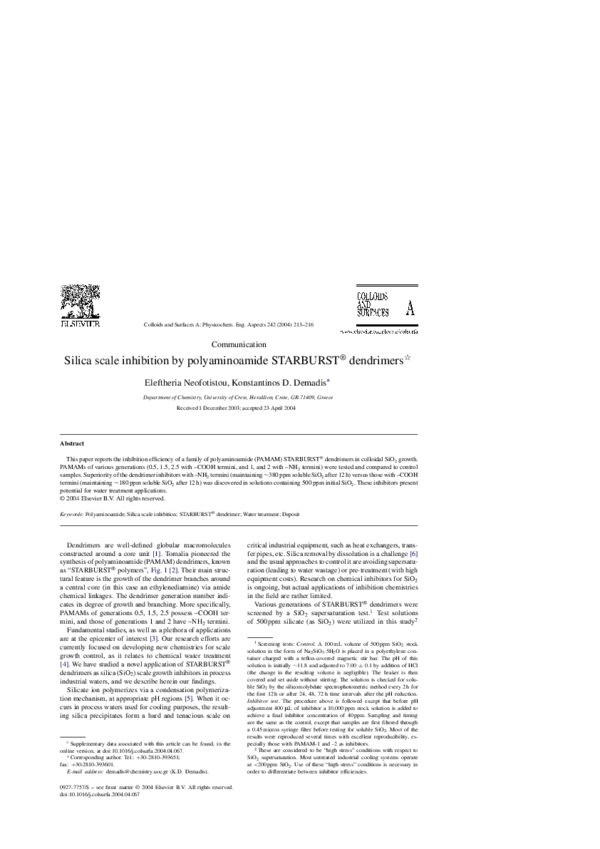 (PDF) Silica scale inhibition by polyaminoamide STARBURST® dendrimers