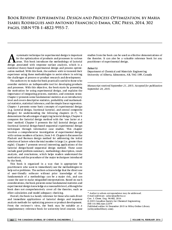 (PDF) Experimental Design and Process Optimization